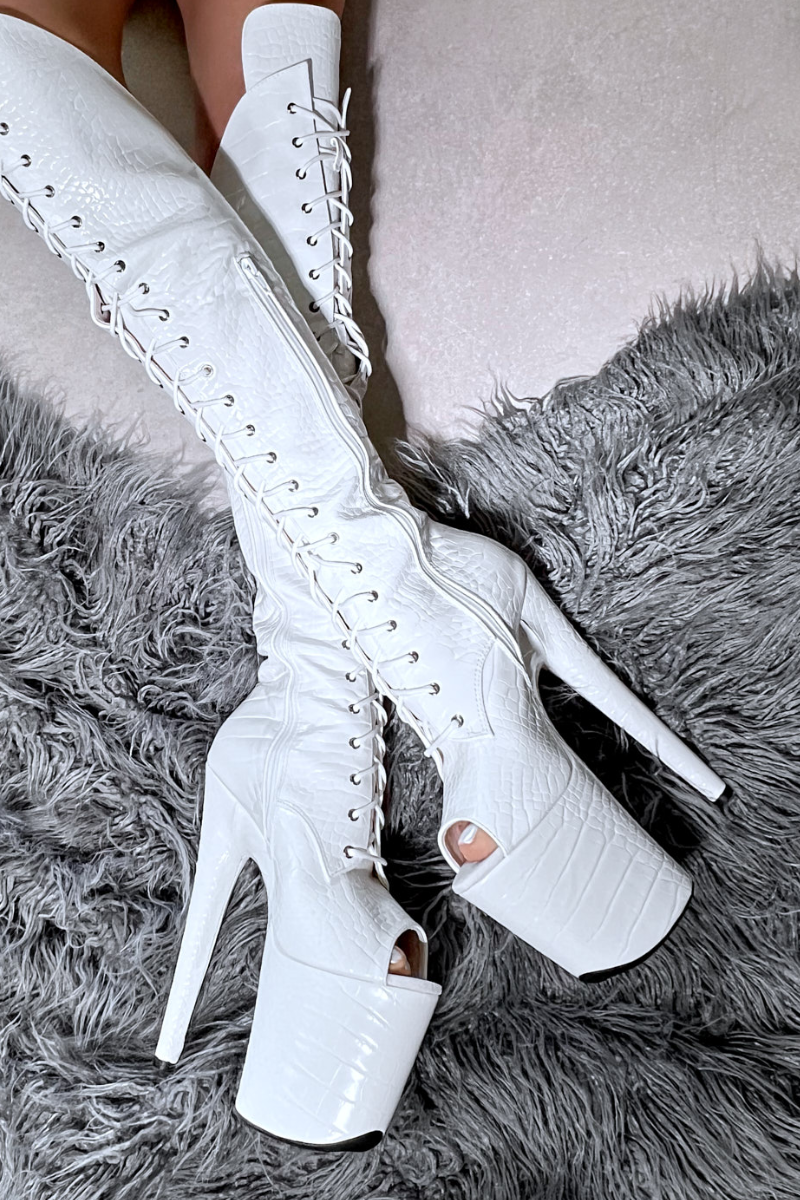 Hella Heels Jungle Open Toe Over The Knee 8inch Boots - Ghosted – Pole ...