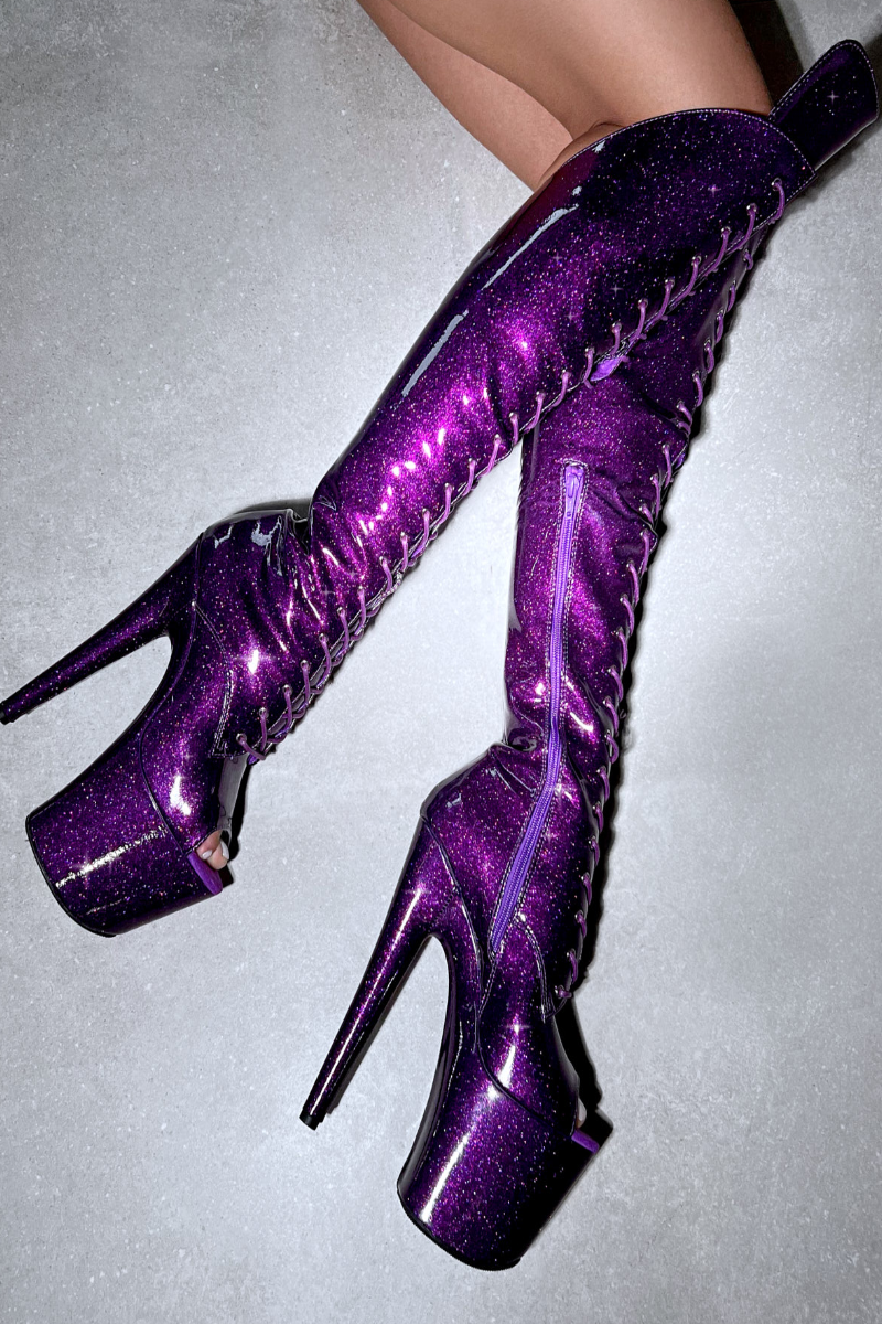 Hella Heels The Glitterati Open Toe Over The Knee 8inch Boots - Purple ...