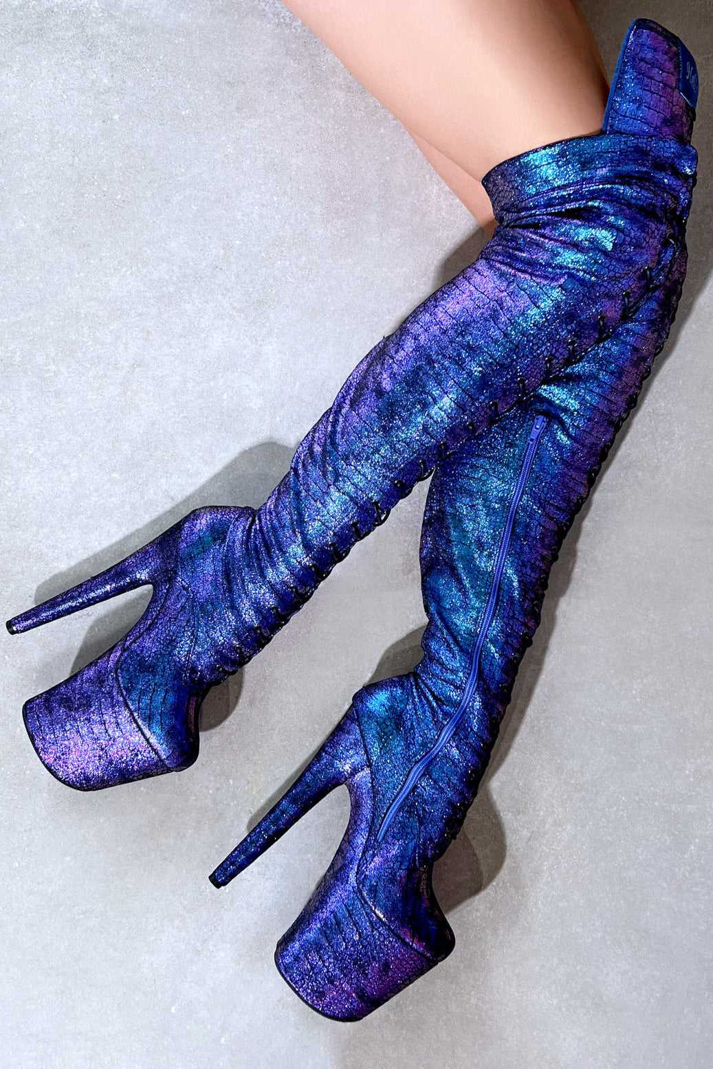 Hella Heels Mermaid Thigh High Front Lace 8inch Boots - Midnight · Pole ...