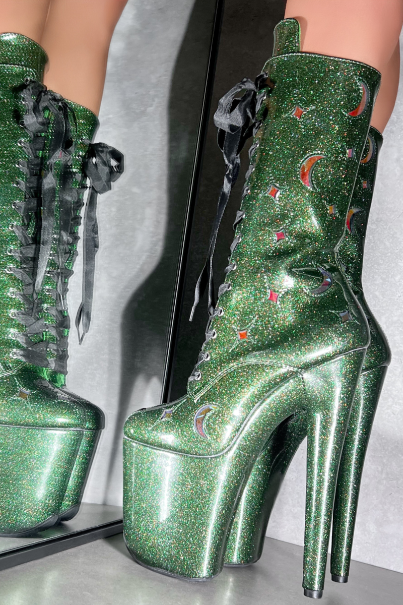 Hella Heels The Glitterati Cosmic 8inch Boots - Emerald Sparkle – Pole ...