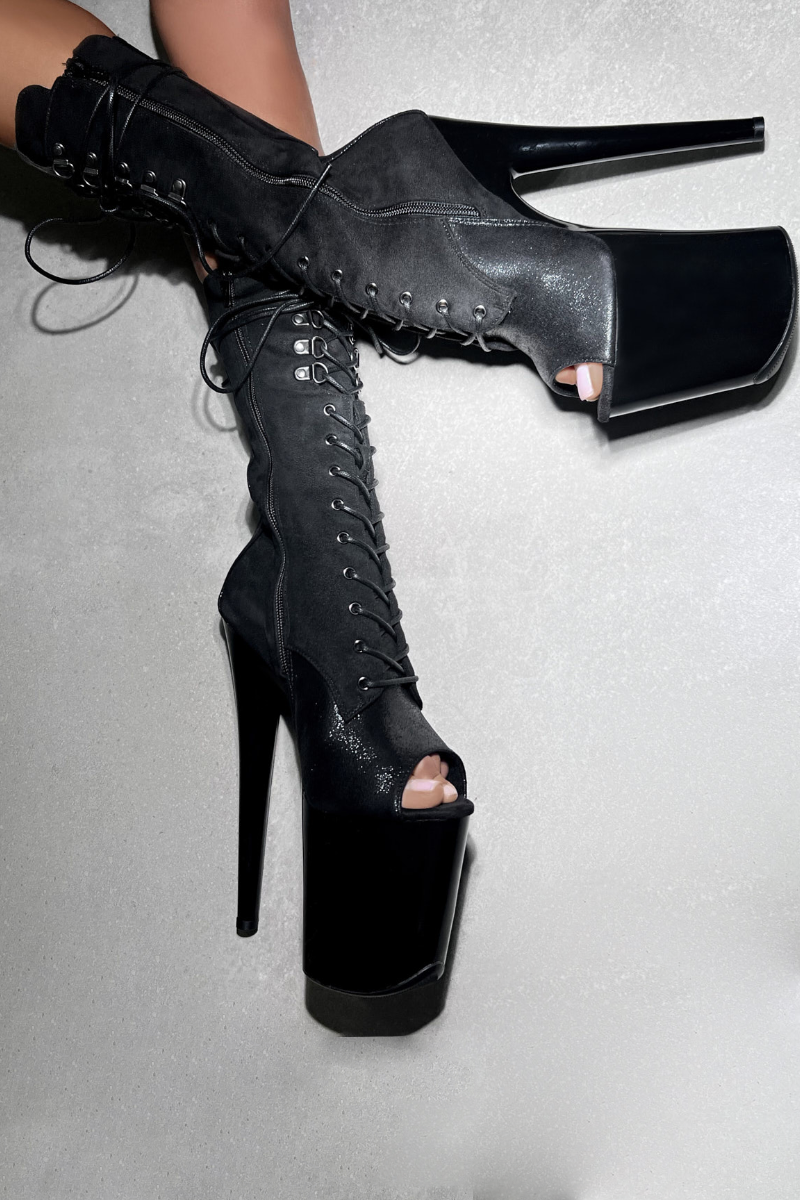 Hella Heels Blaq Kicks Open Toe 8inch Boots - Black – Pole Junkie