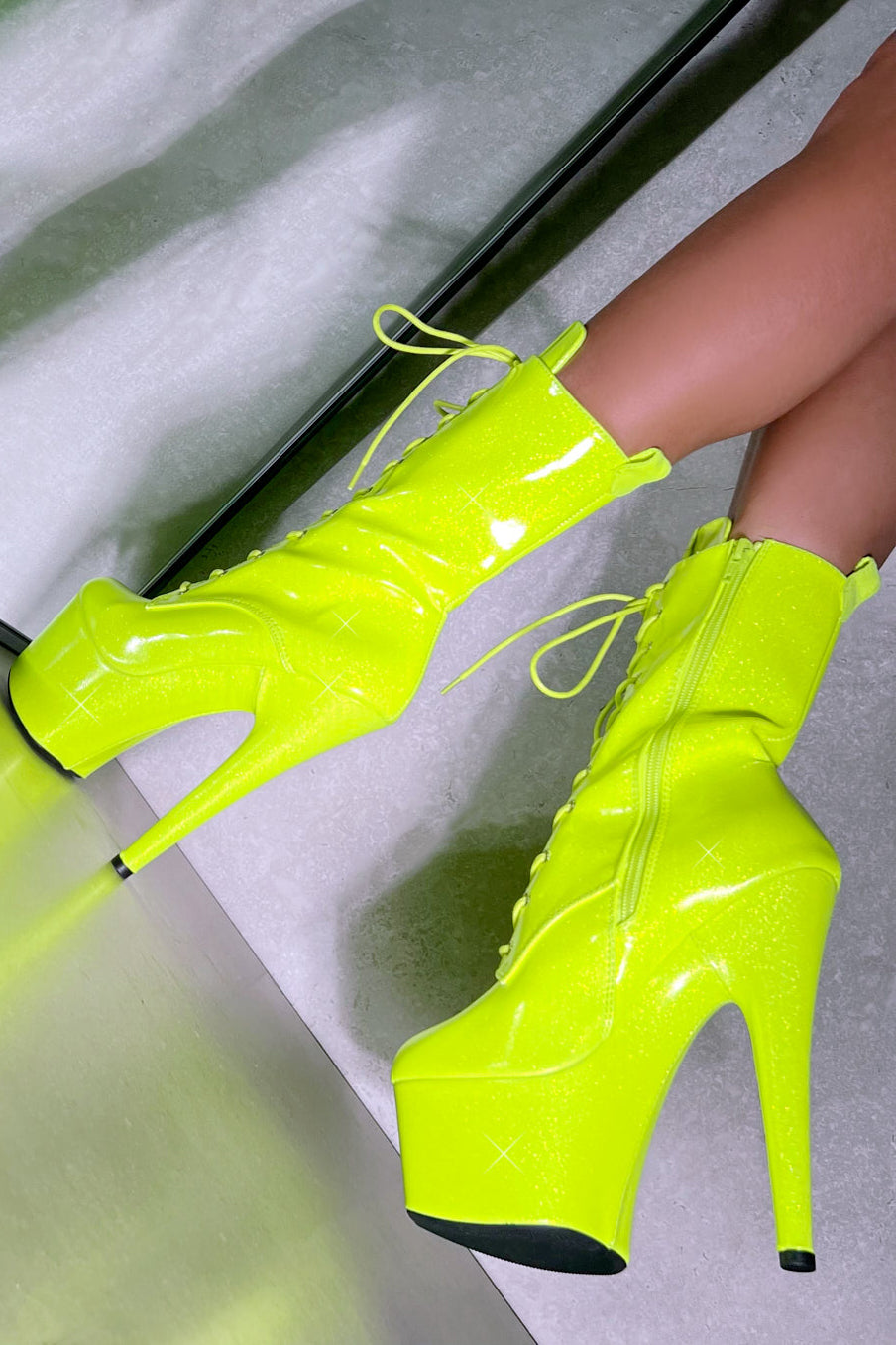 Hella Heels The Glitterati 7inch Boots - Citrus Yellow Burst – Pole Junkie