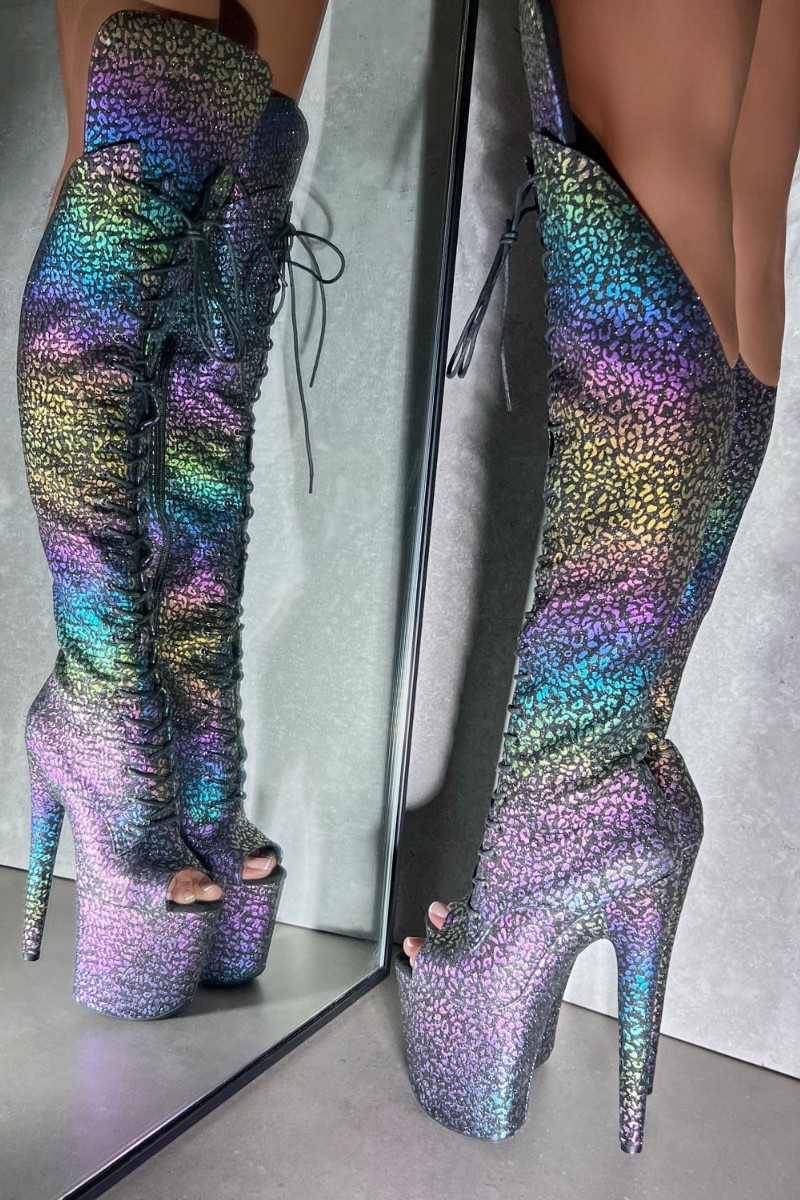 Hella Heels Jungle Open Toe Over The Knee 8inch Boots - Moonlight Leop ...
