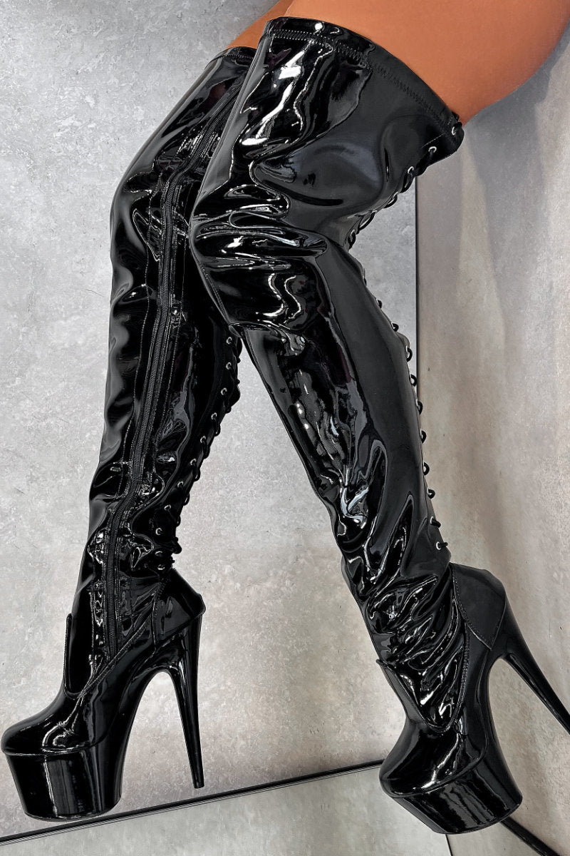 Hella Heels LipKit Thicc Thigh High Back Lace 7inch Boots - Black ...